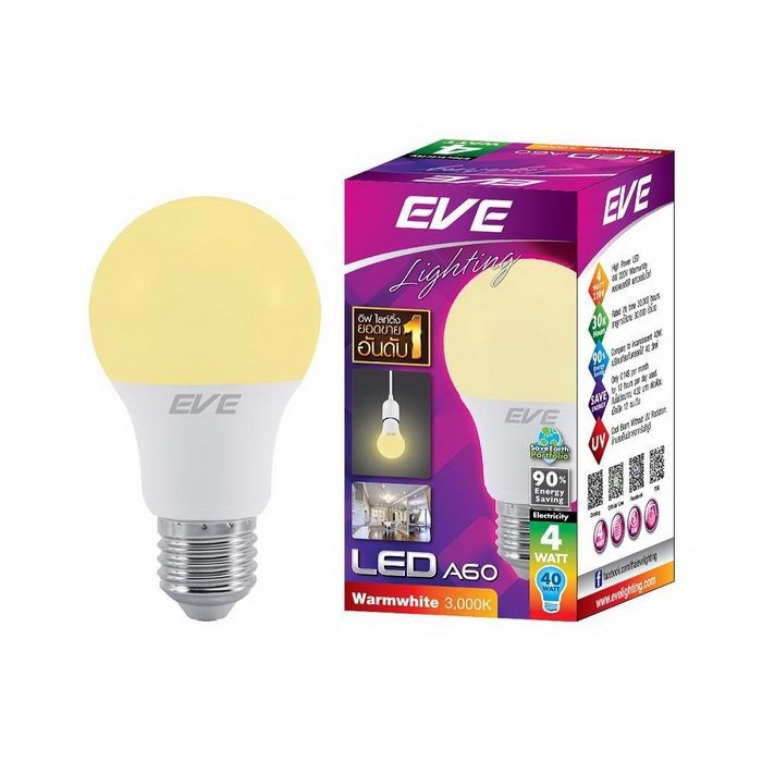 หลอดไฟ LED EVE Lighting รุ่น A60 4W วอร์มไวท์ 3,000K ขั่ว E27